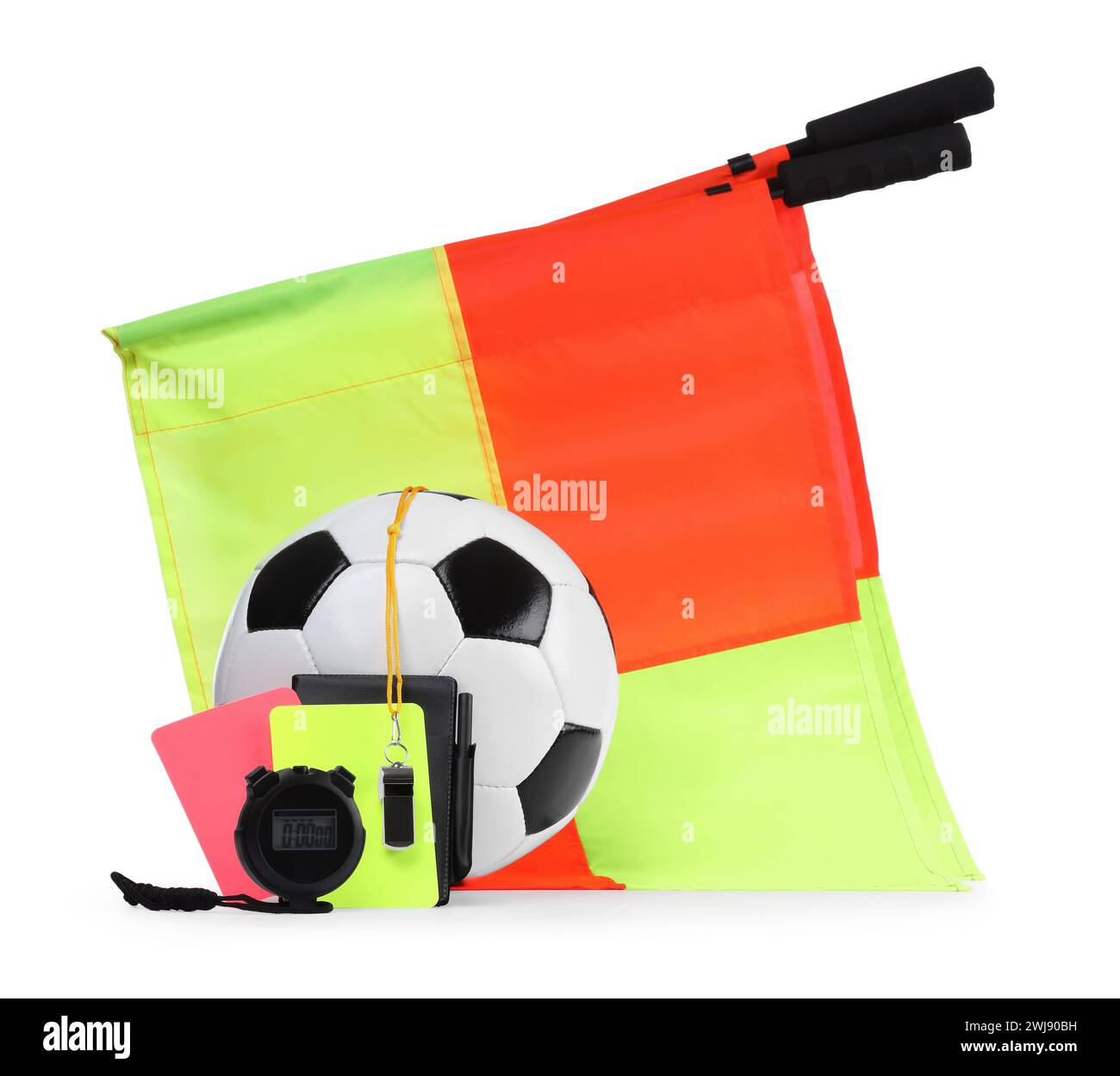 Football referee equipment. Soccer ball, flags, stopwatch, cards and ...