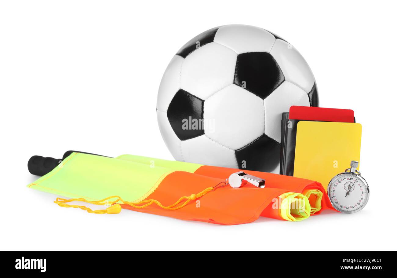 Football referee equipment. Soccer ball, flags, stopwatch, cards and ...