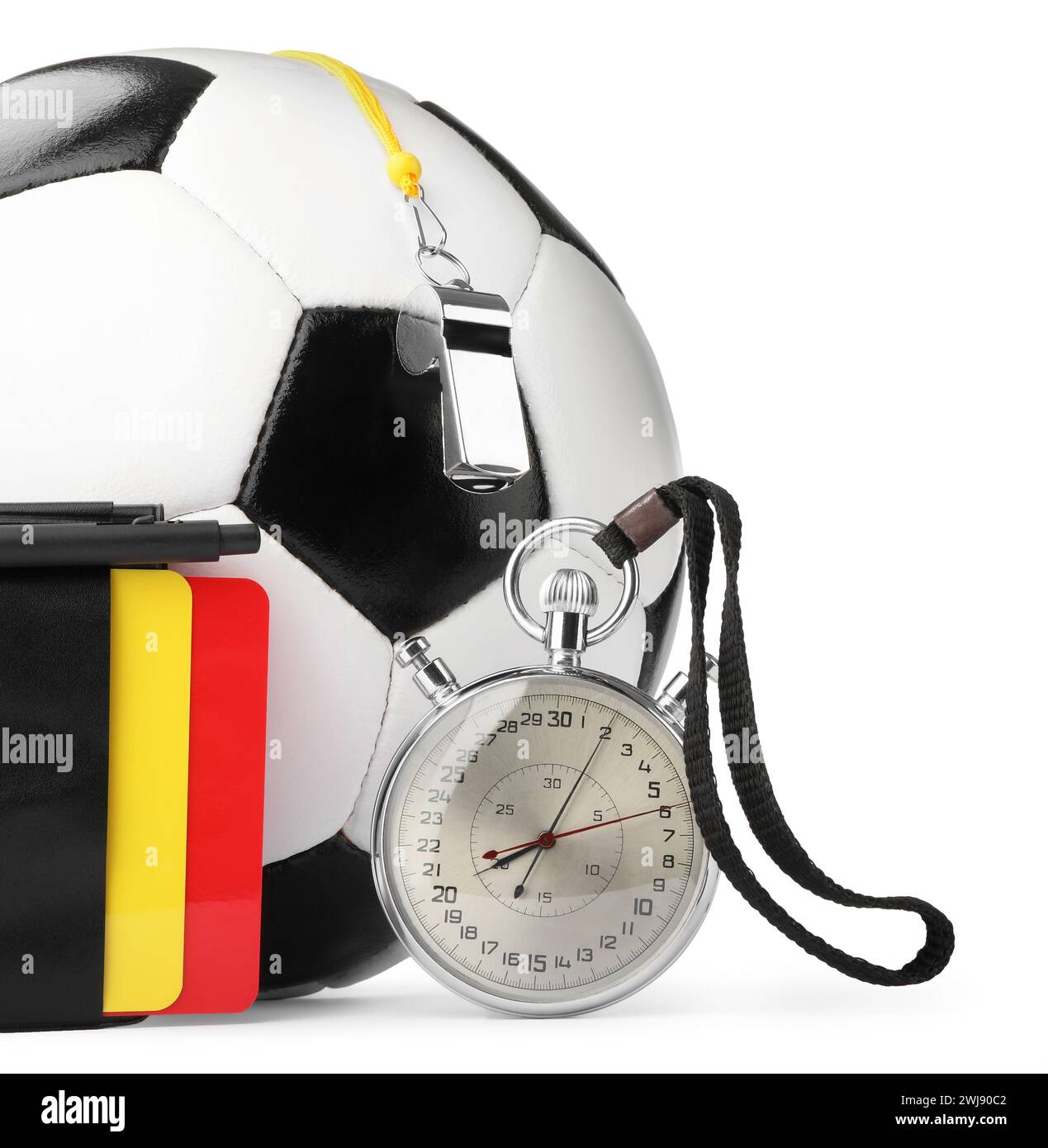 Football referee equipment. Soccer ball, stopwatch, cards and whistle ...
