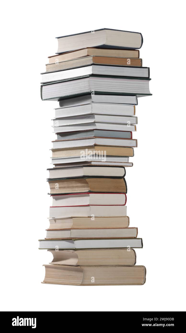 High stack of many different books isolated on white Stock Photo - Alamy