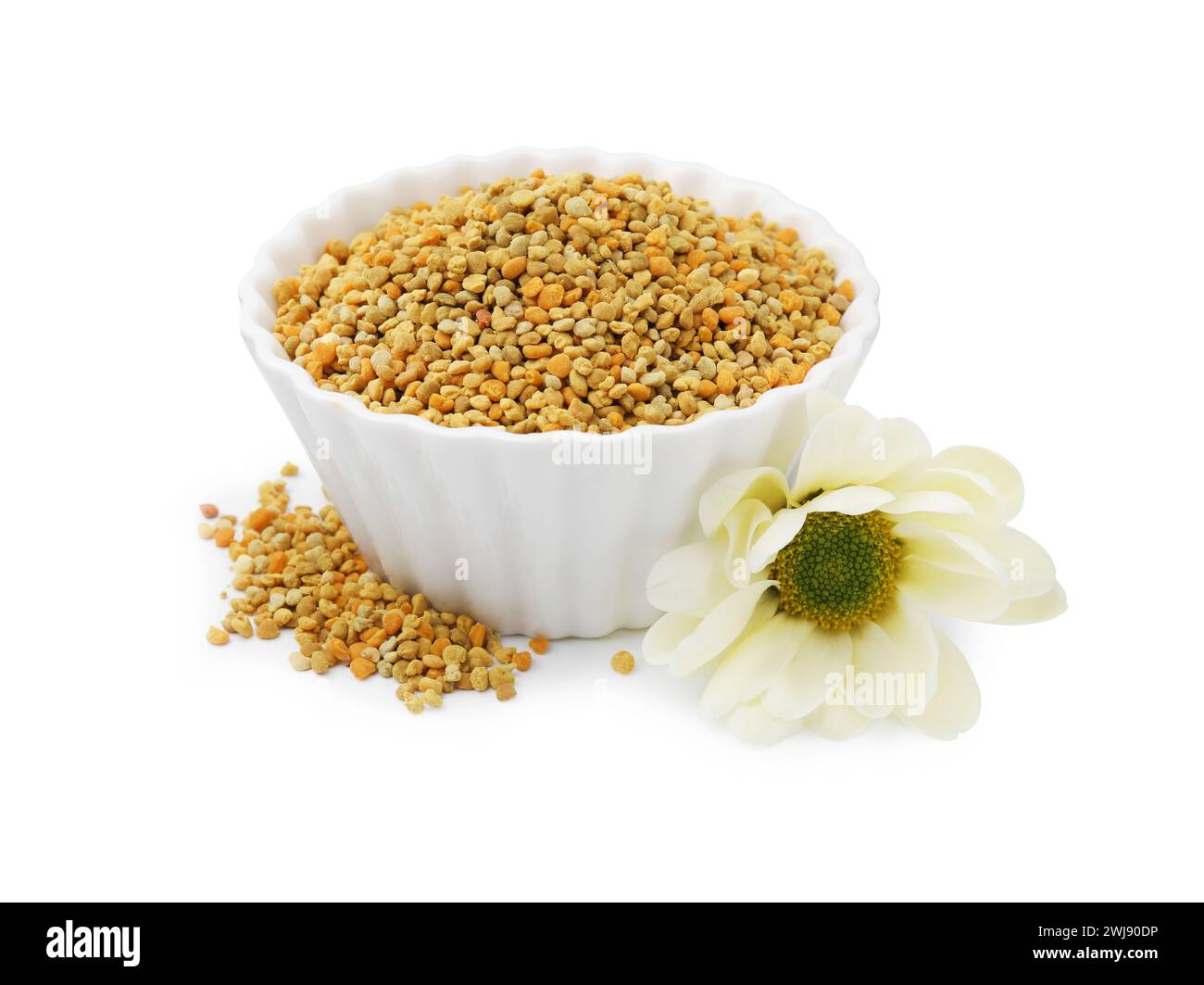 Fresh bee pollen granules in bowl and flower isolated on white Stock ...