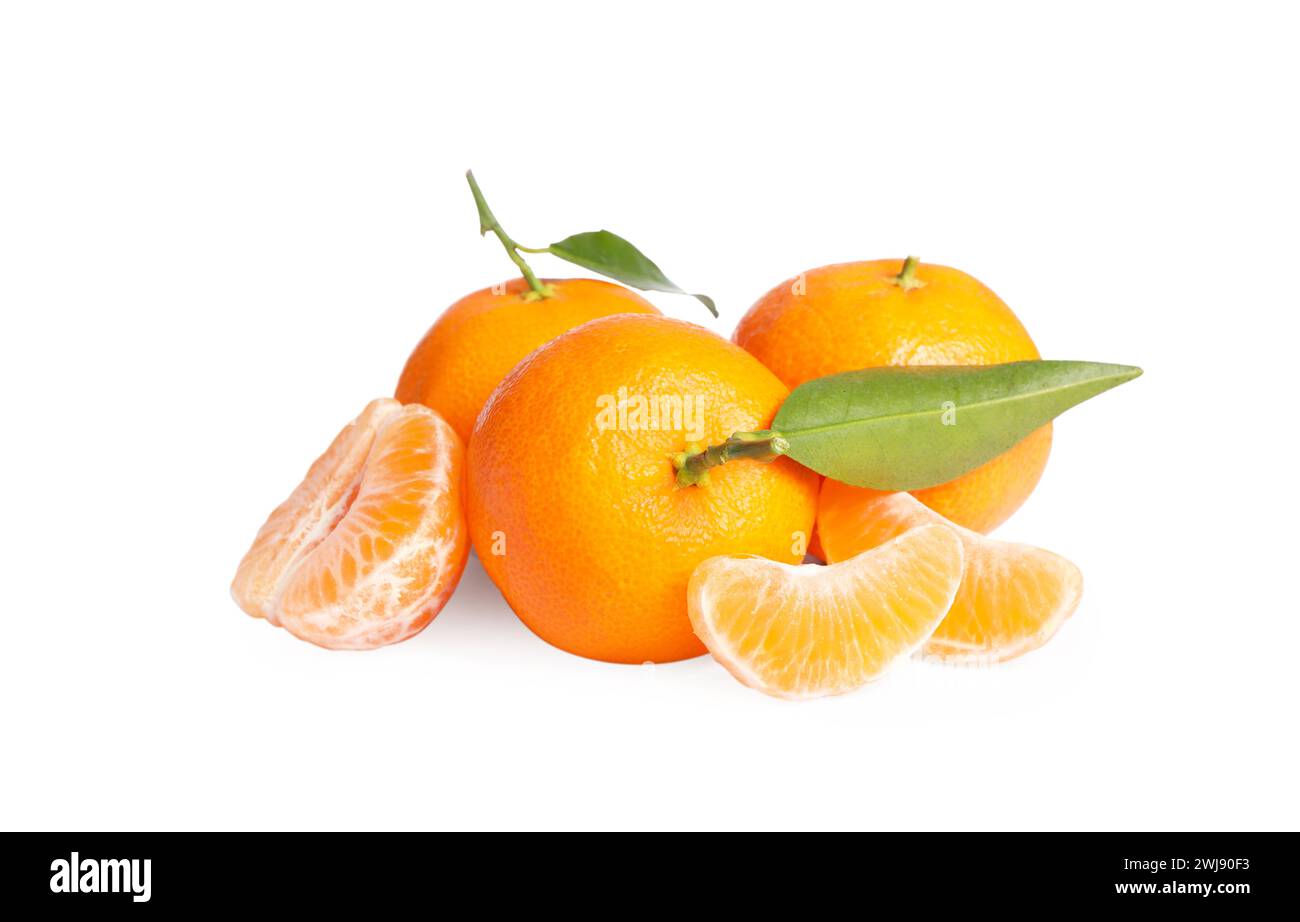 Fresh ripe juicy tangerines with green leaves isolated on white Stock ...