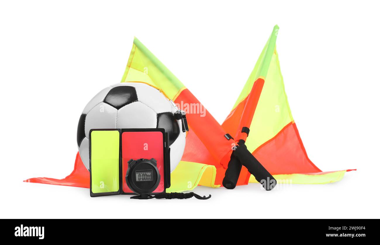 Football referee equipment. Soccer ball, flags, stopwatch, cards and ...
