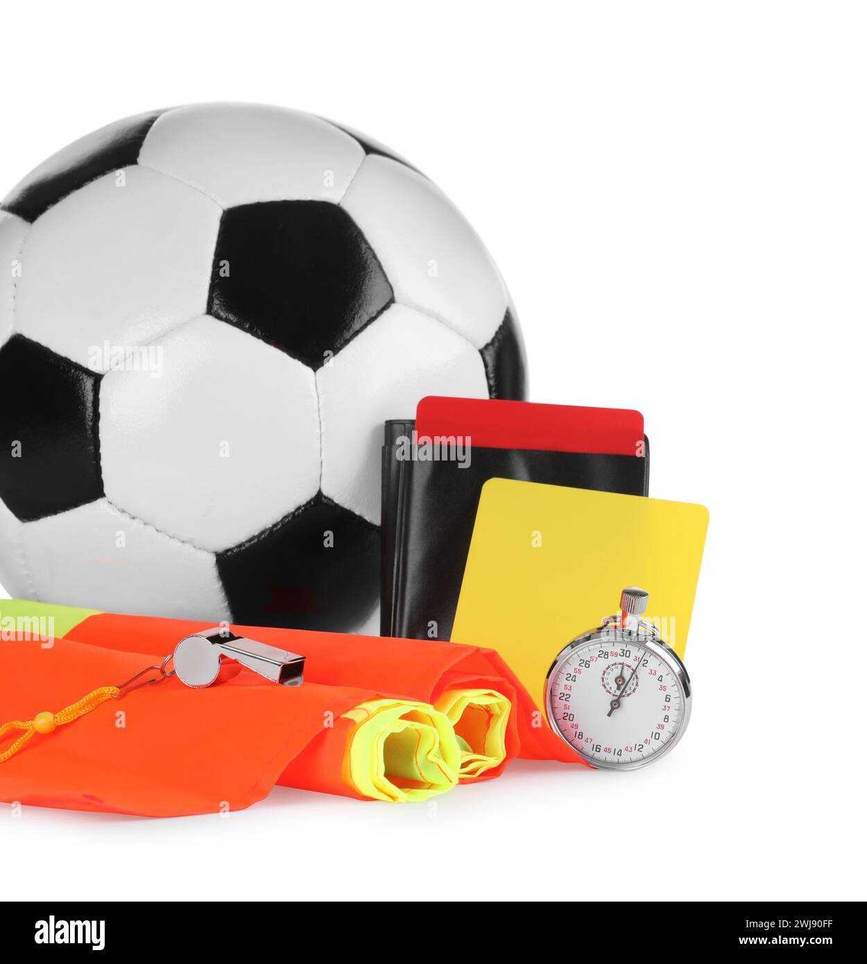 Football referee equipment. Soccer ball, flags, stopwatch, cards and ...