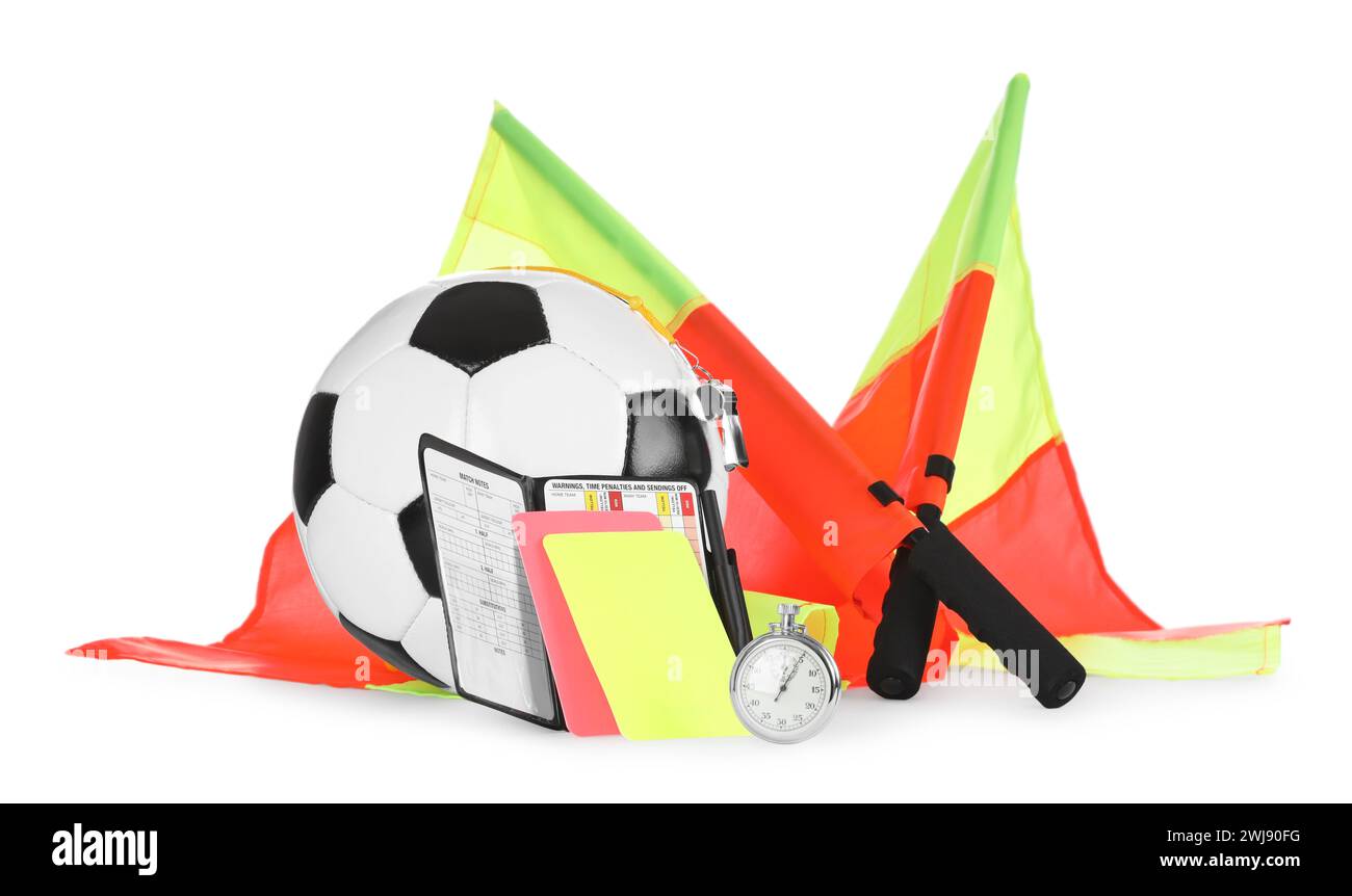 Football referee equipment. Soccer ball, flags, stopwatch, cards and ...
