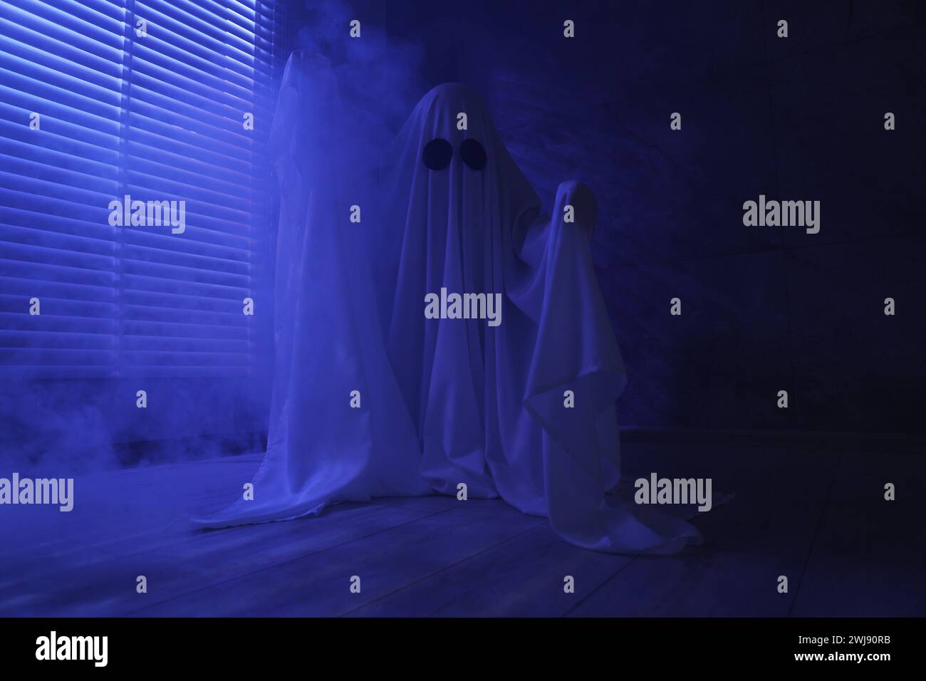 Creepy ghost. Woman covered with sheet near window in blue light Stock ...