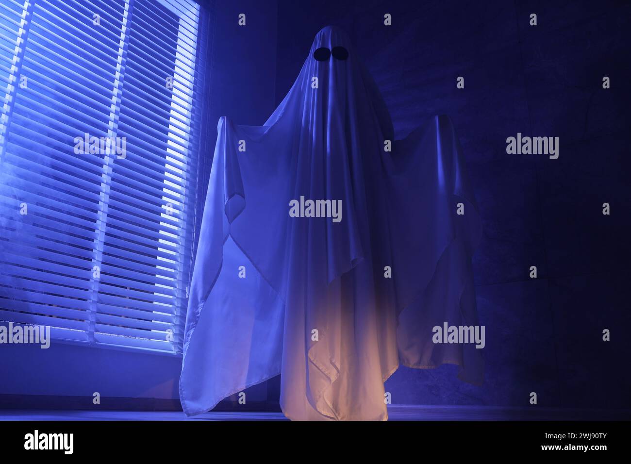 Creepy ghost. Woman covered with sheet near window in blue light, low ...