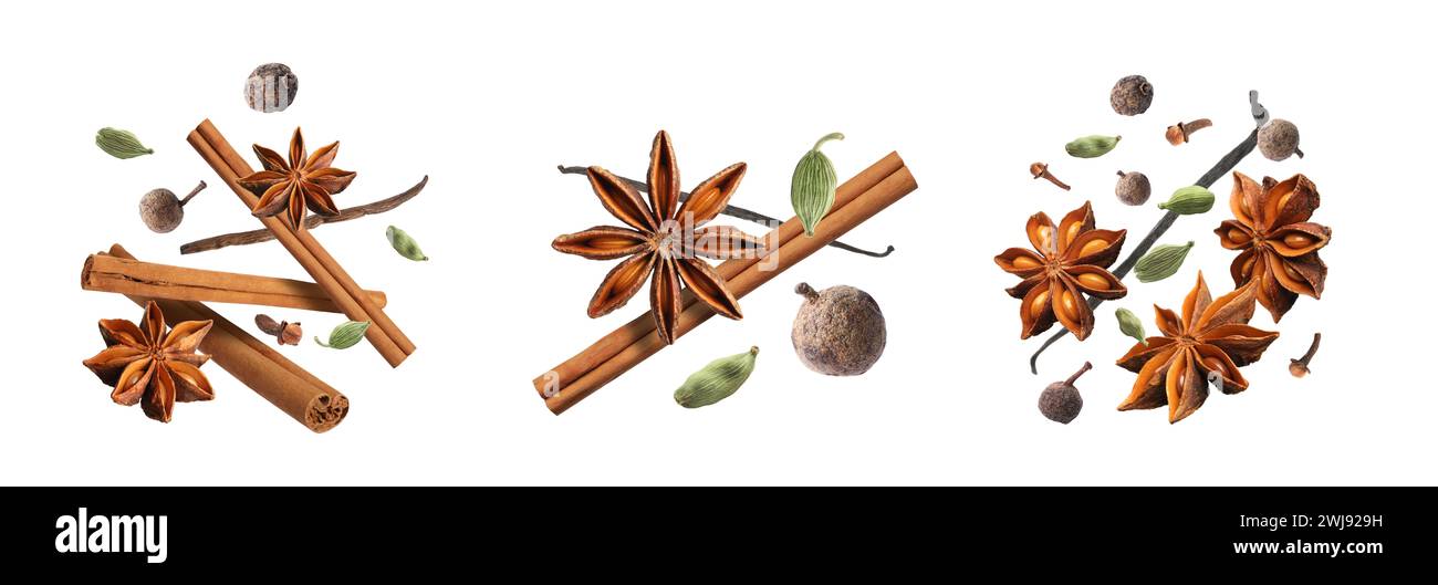 Different aromatic spices falling on white background Stock Photo - Alamy