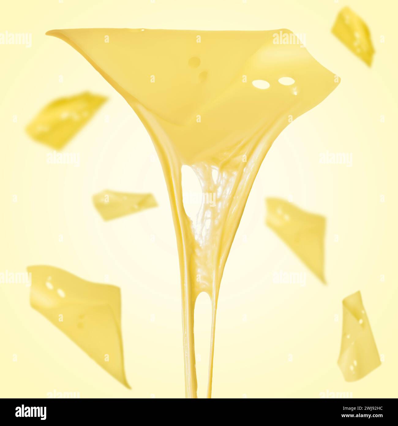 Slices of cheese falling on yellow background Stock Photo - Alamy