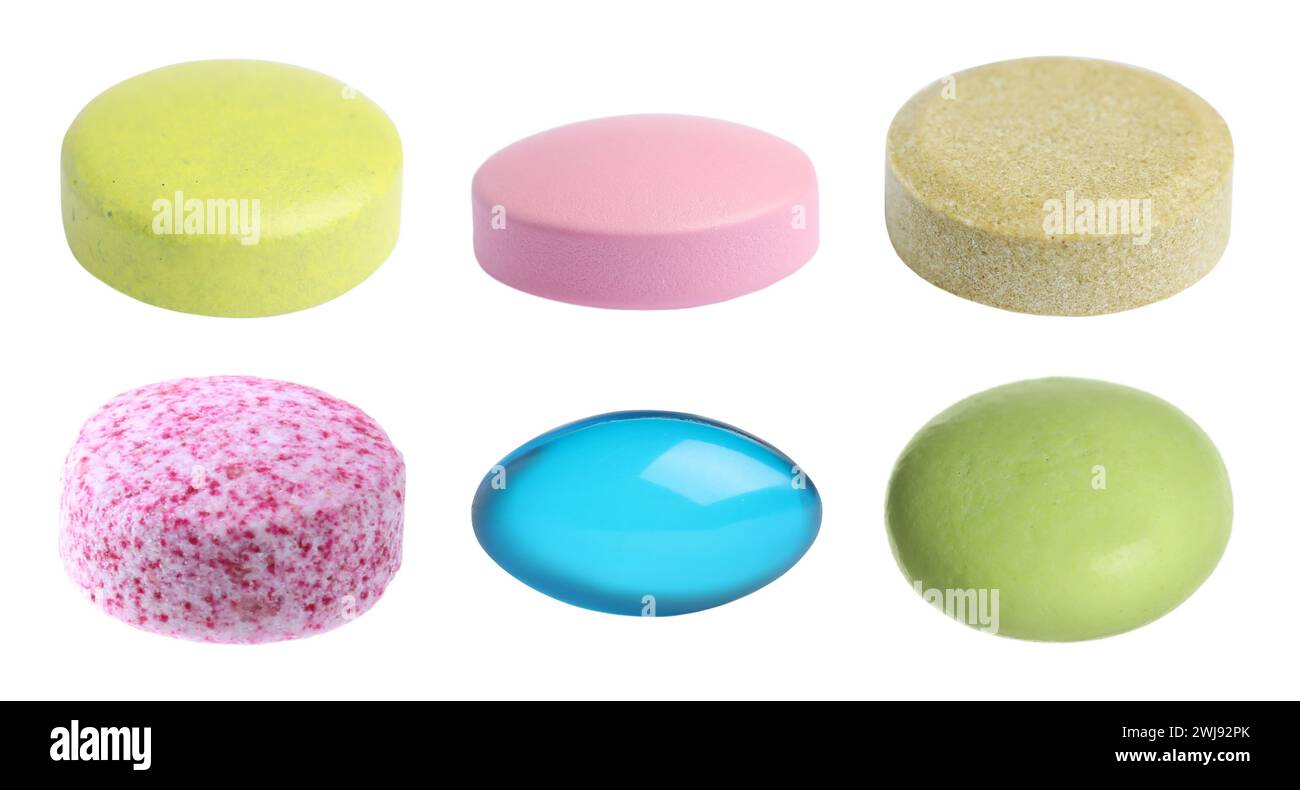 Vitamin. Many different pills isolated on white, set Stock Photo - Alamy