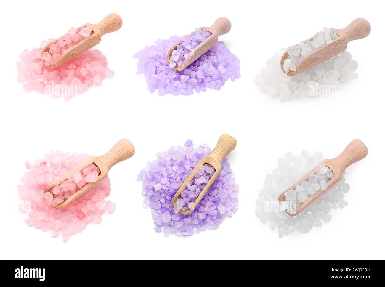 Different sea salt and wooden scoops isolated on white, top and side ...