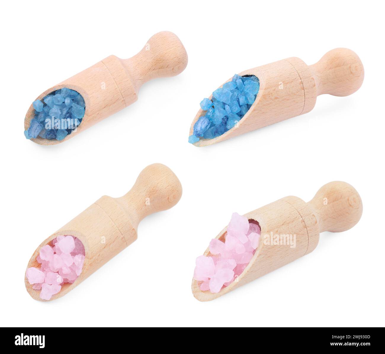 Different sea salt in wooden scoops isolated on white, top and side ...