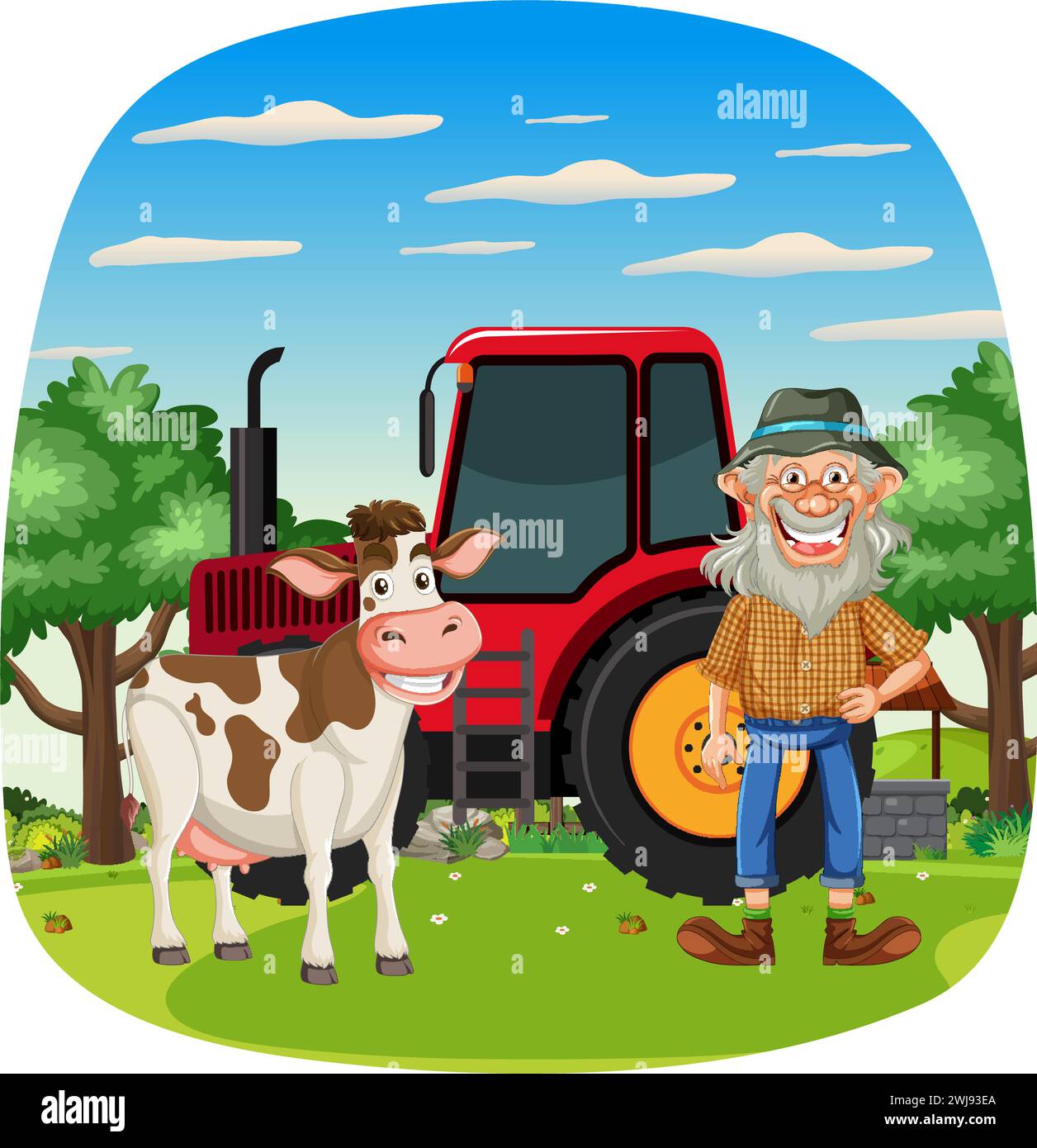 Cartoon farmer standing next to cow and tractor Stock Vector Image ...