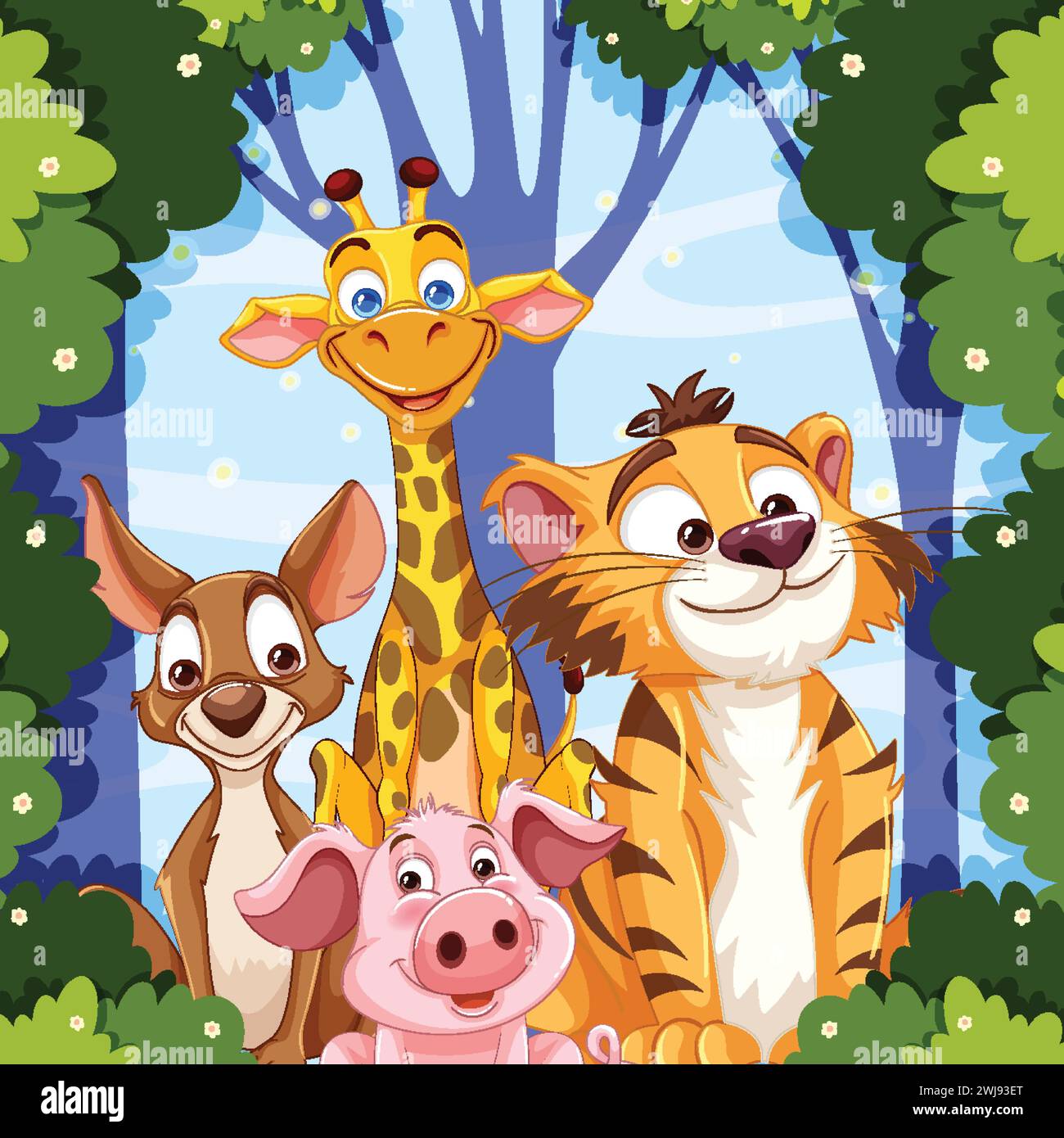 Cartoon animals smiling together in a lush forest Stock Vector Image ...