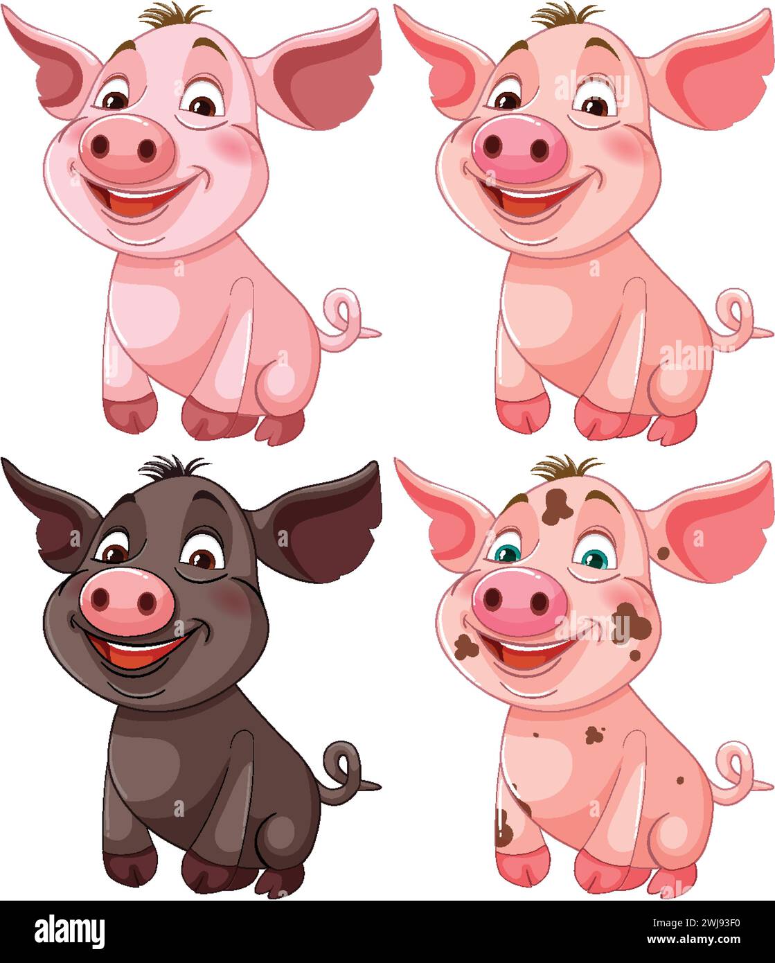 Four happy pigs with different expressions and colors Stock Vector ...