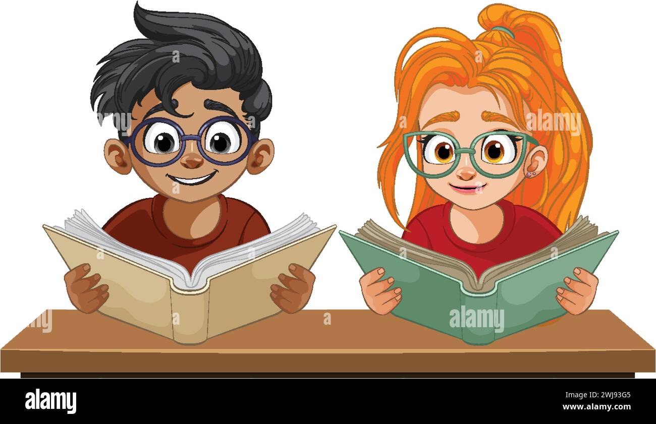 Two kids happily reading books at a table Stock Vector Image & Art - Alamy
