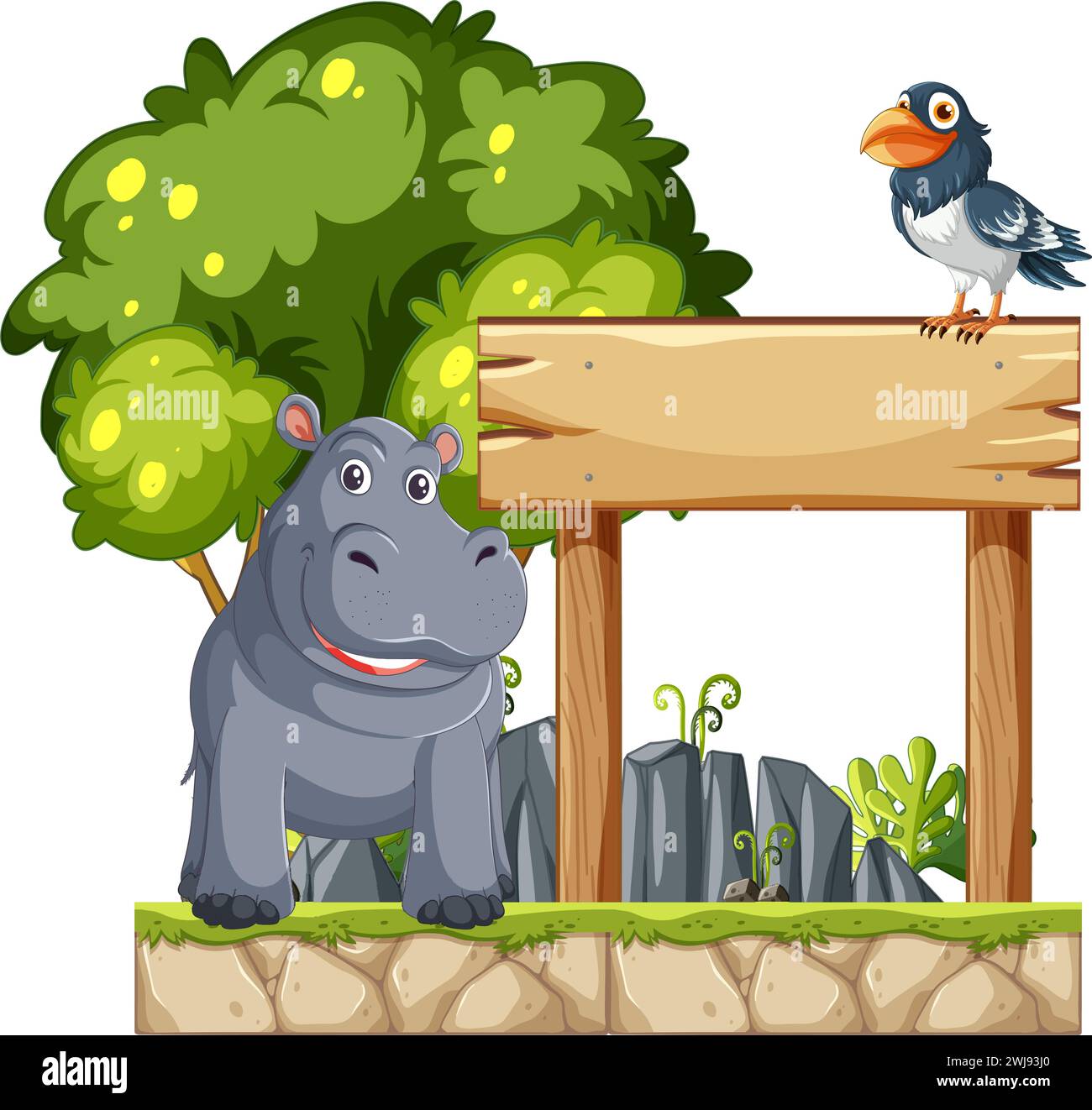 Cartoon hippo and bird beside a blank sign Stock Vector Image & Art - Alamy