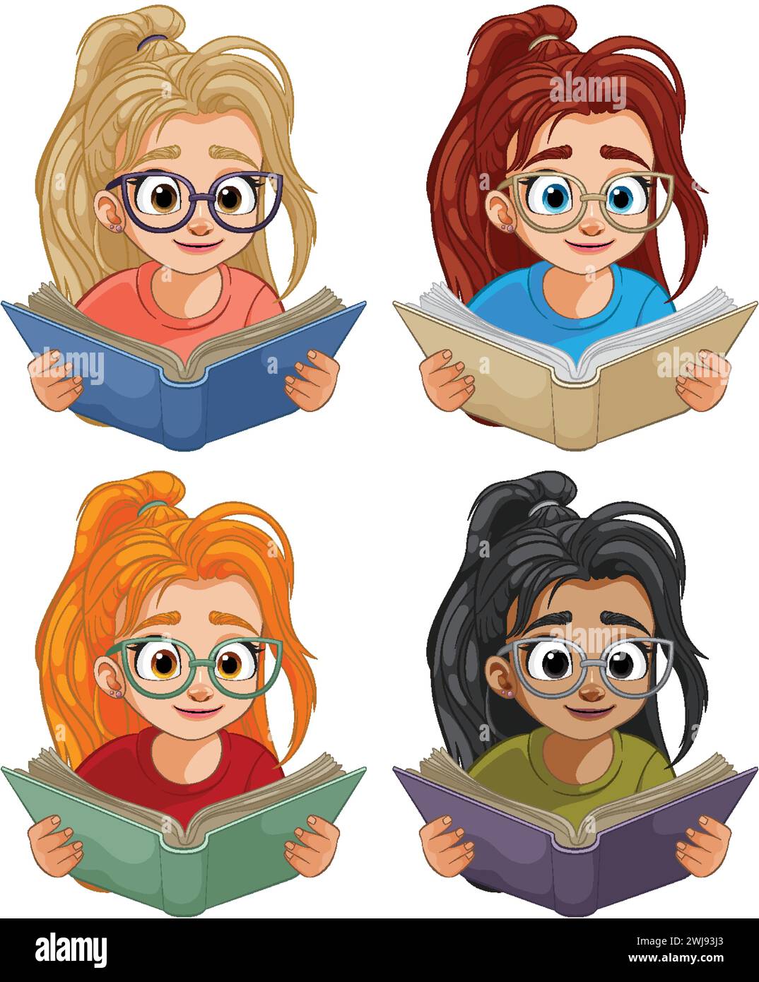 Four cartoon girls engrossed in reading books Stock Vector Image & Art ...