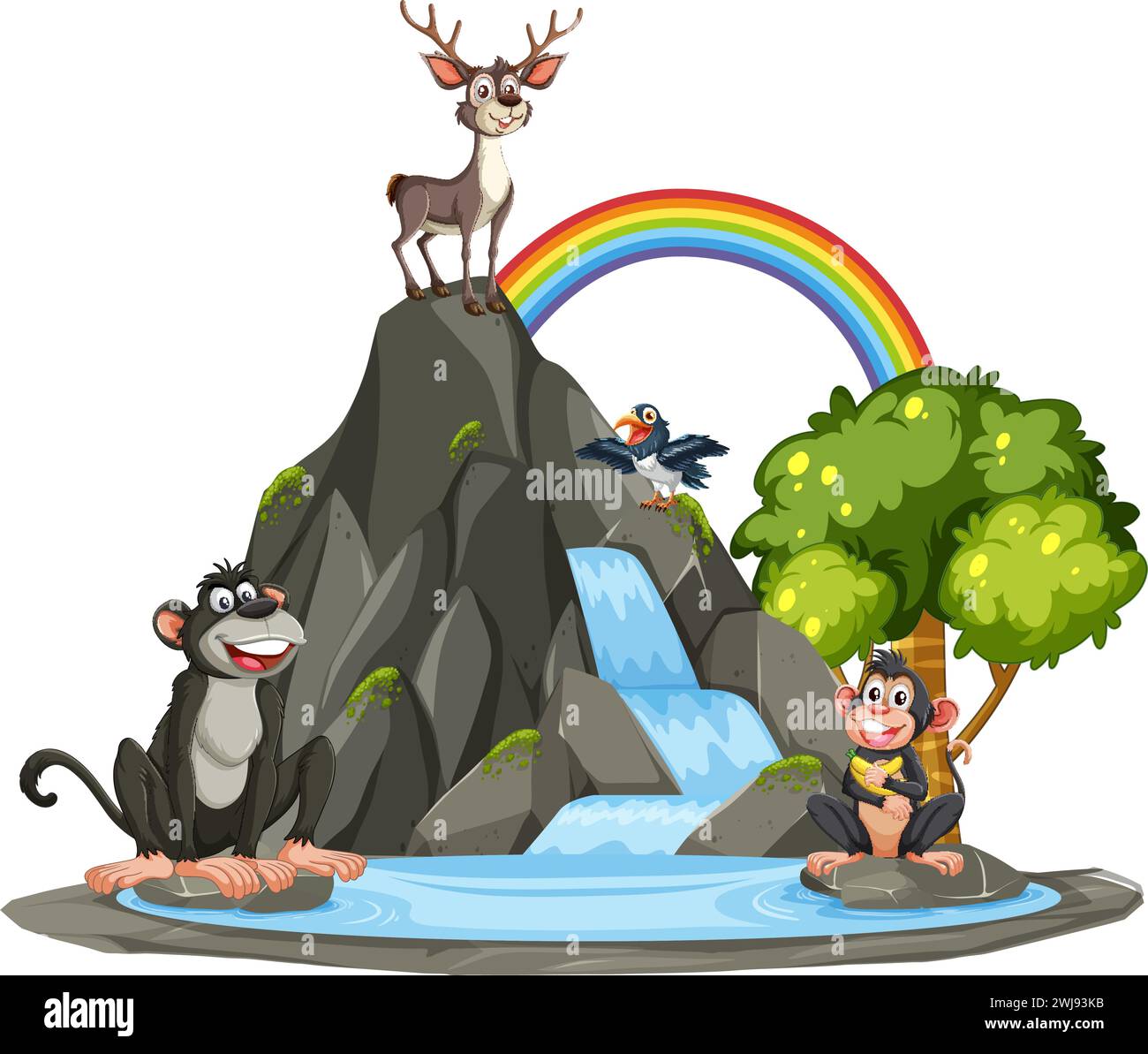 Cartoon animals enjoying nature by a waterfall Stock Vector Image & Art ...