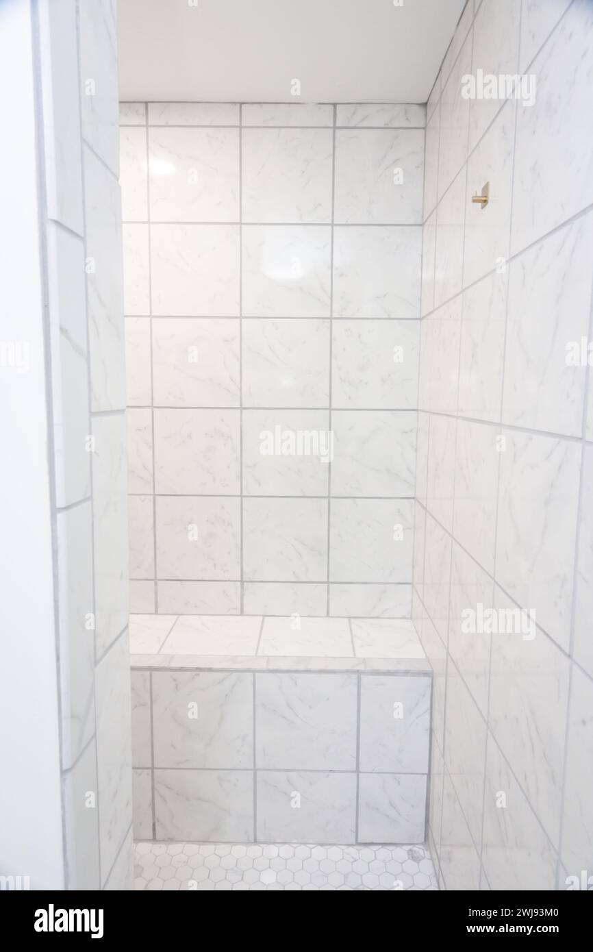 White and gray marbled tile large empty recently renovated home shower ...