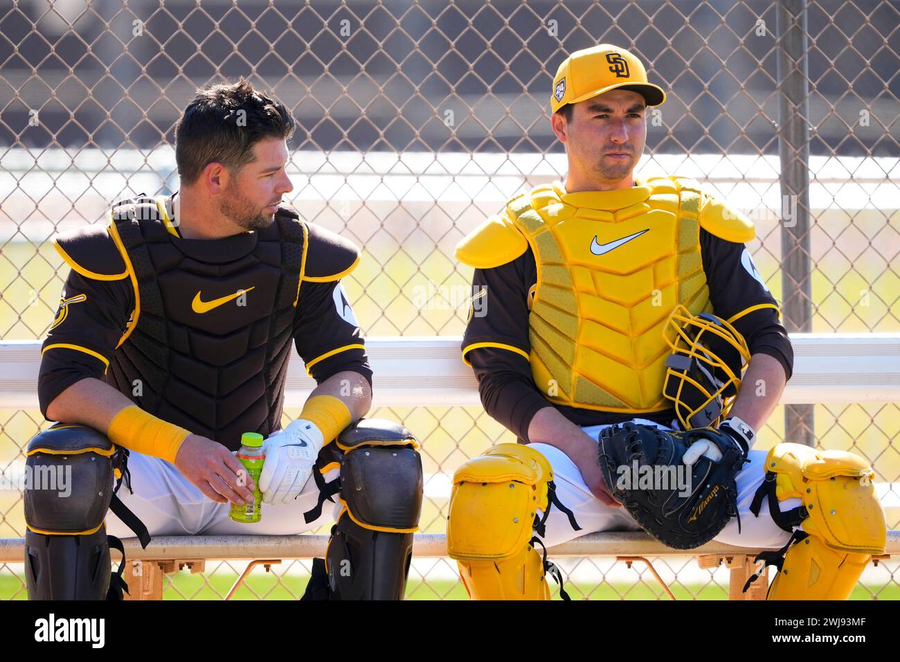 San Diego Padres catcher Kevin Plawecki, left, talks with catcher Kyle ...