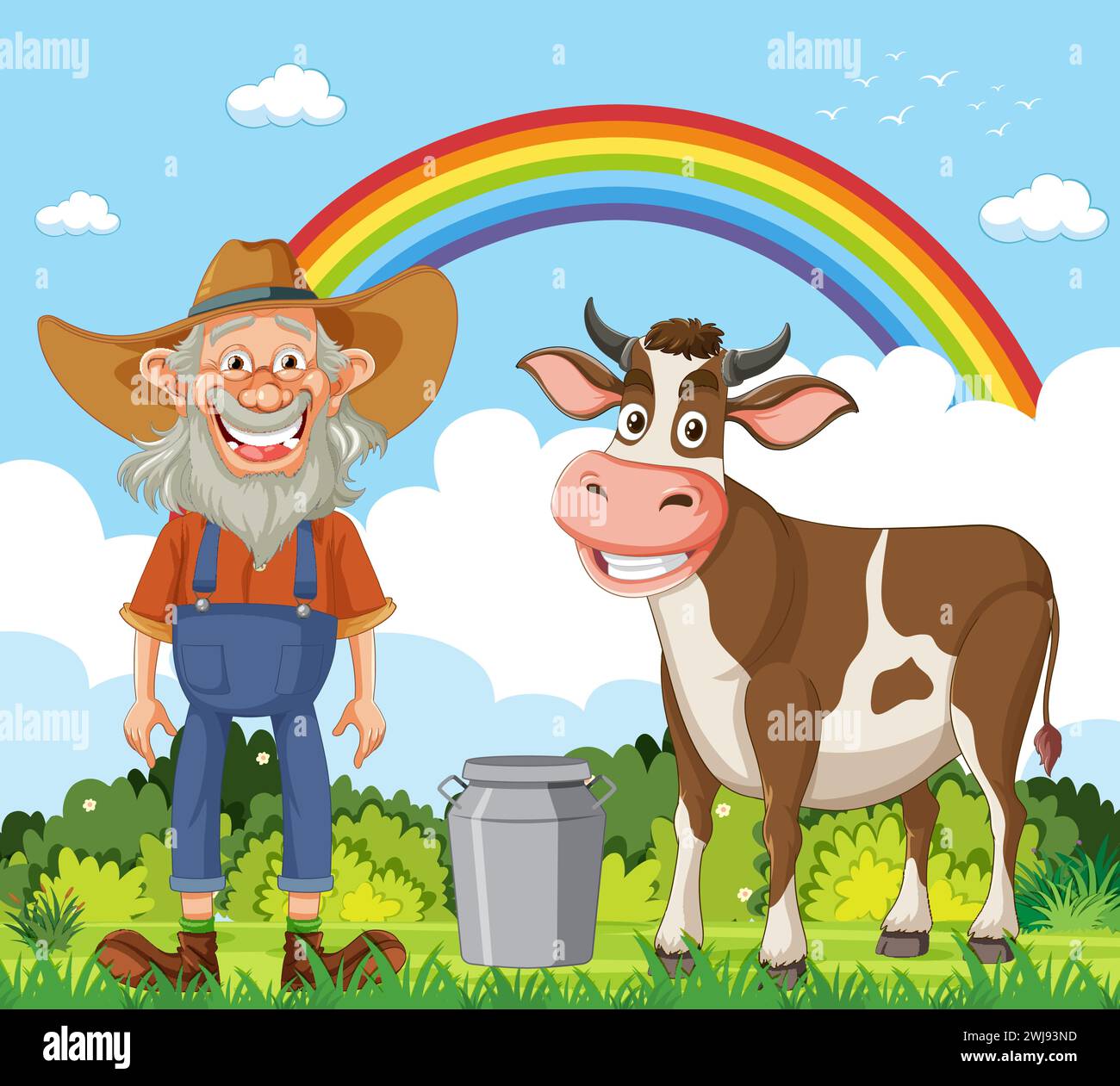 Cartoon of a cheerful farmer with his cow Stock Vector Image & Art - Alamy
