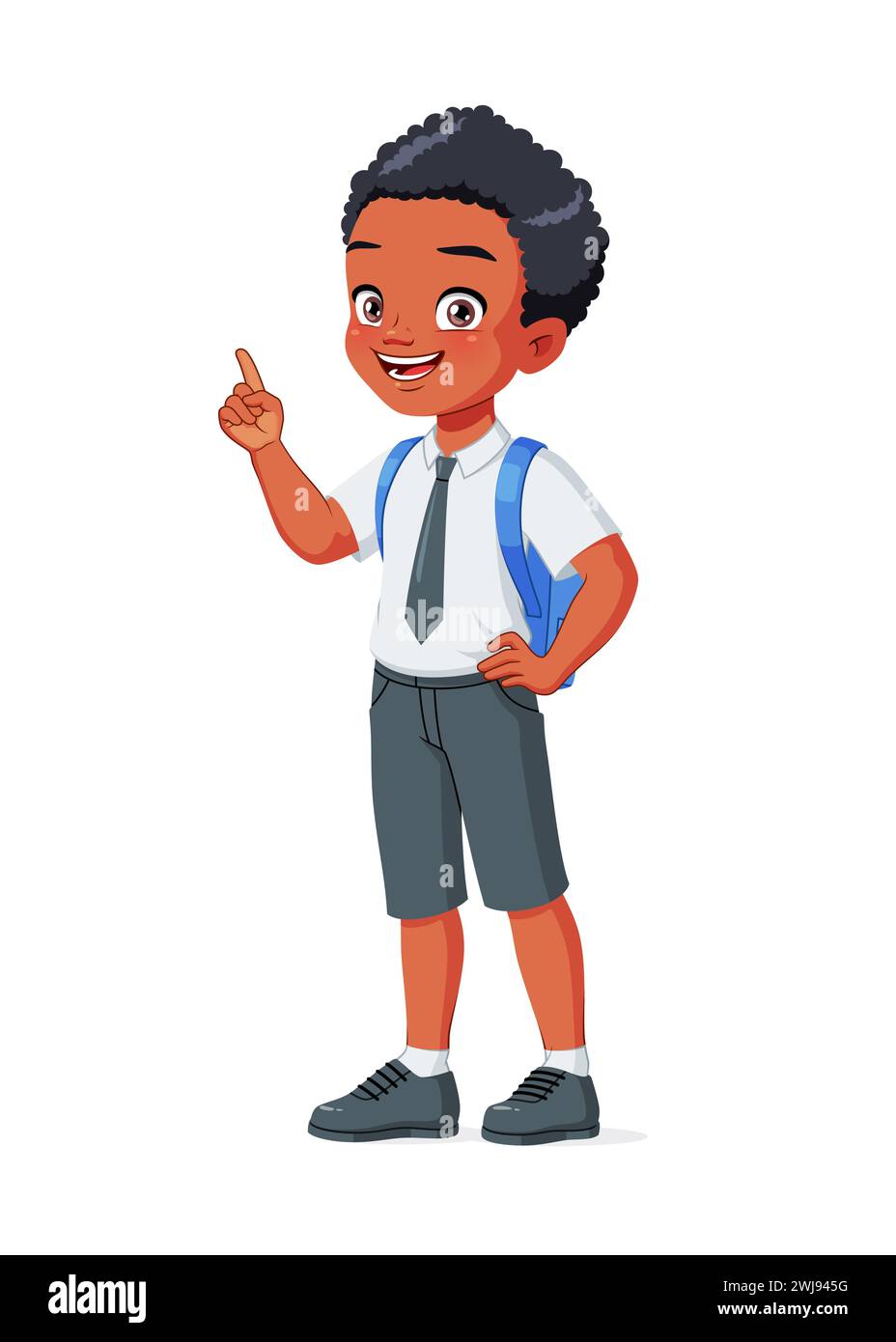 Smart little African American school boy index finger pointing up with ...