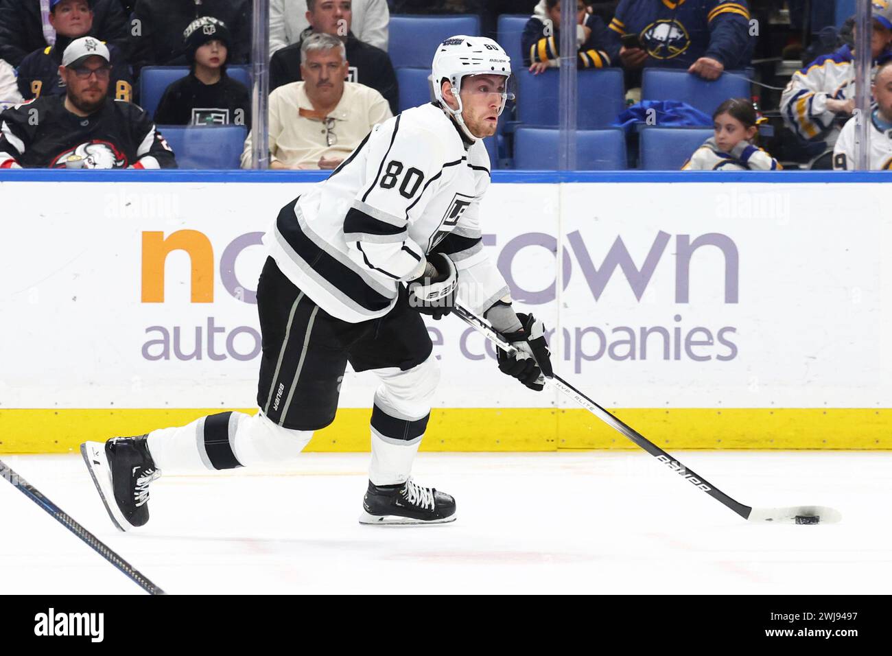 Los Angeles Kings center Pierre-Luc Dubois (80) controls the puck in ...