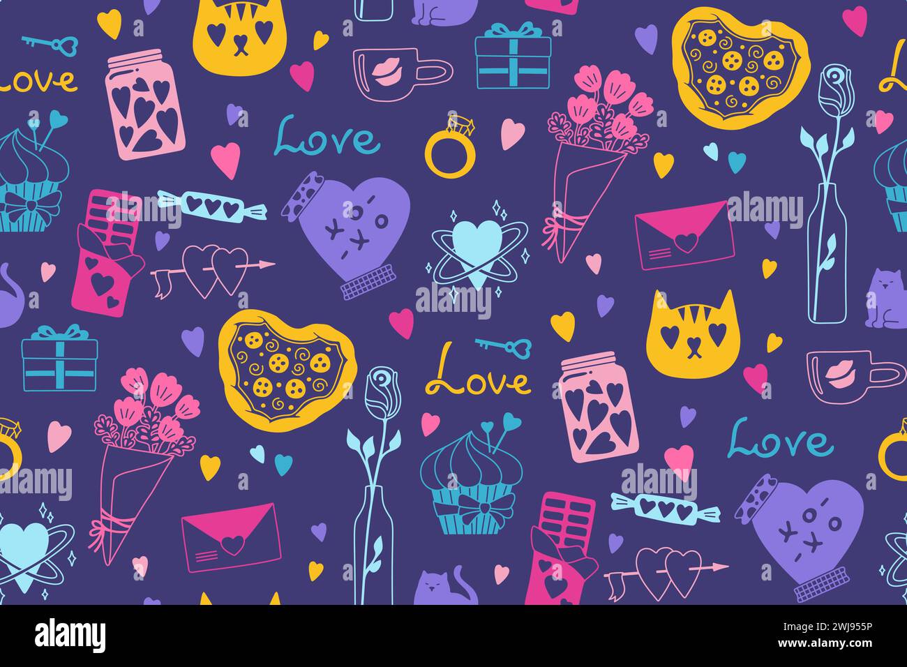 Valentines Day romantic elements seamless pattern. Doodle repeating ...