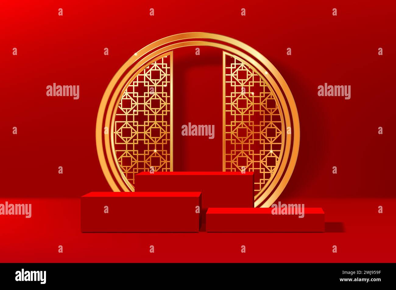 Red Chinese podium stage with golden gate and door arch. Realistic 3d ...