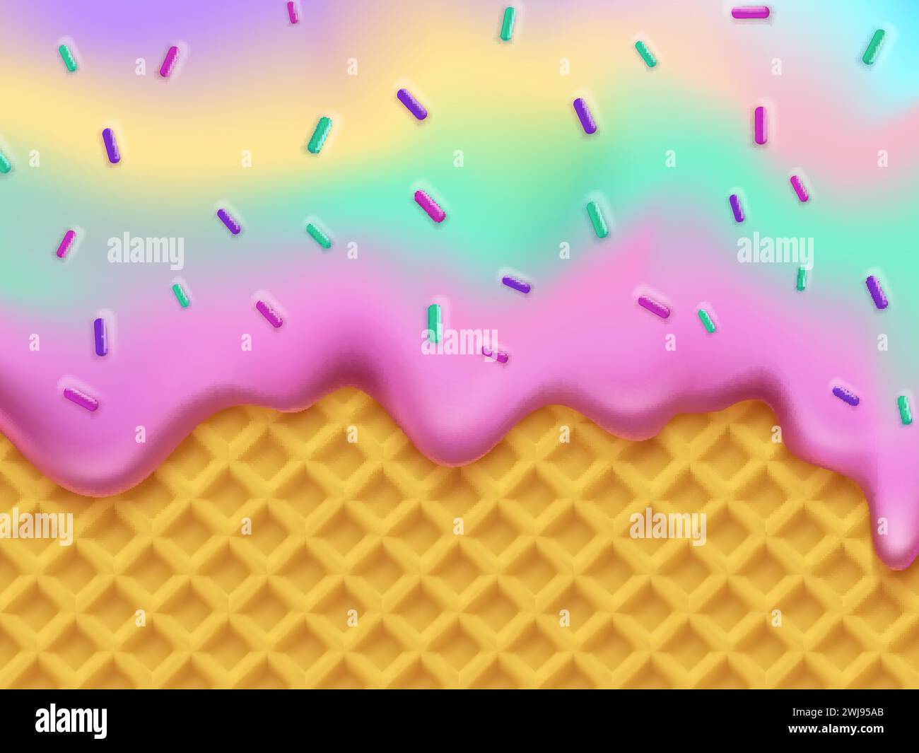Realistic Rainbow Ice Cream Drip Melt With Candy Sprinkles On Wafer