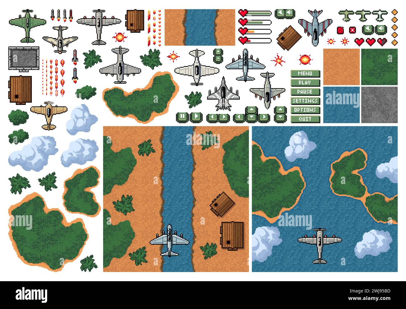 8bit pixel arcade game of fight plane, 2D top view of flight bomber and ...