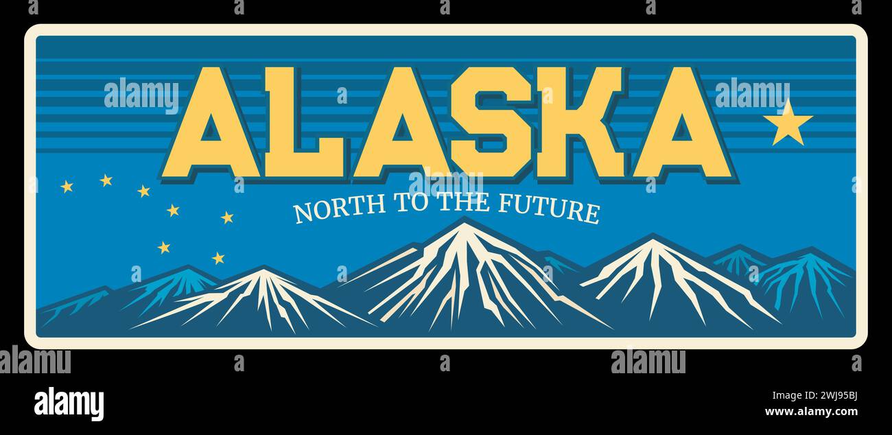 Alaska United States retro travel plate with mountain peaks. USA state ...