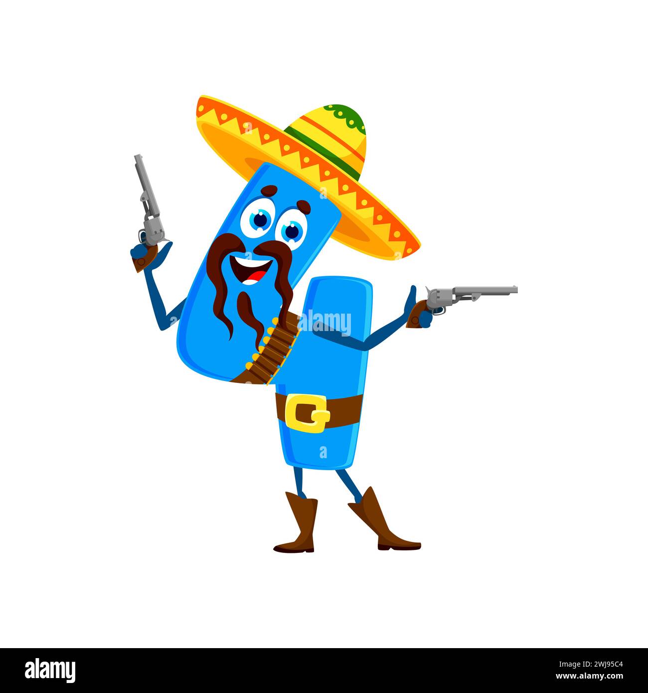 Cartoon cowboy and robber math number four character with guns, wearing ...