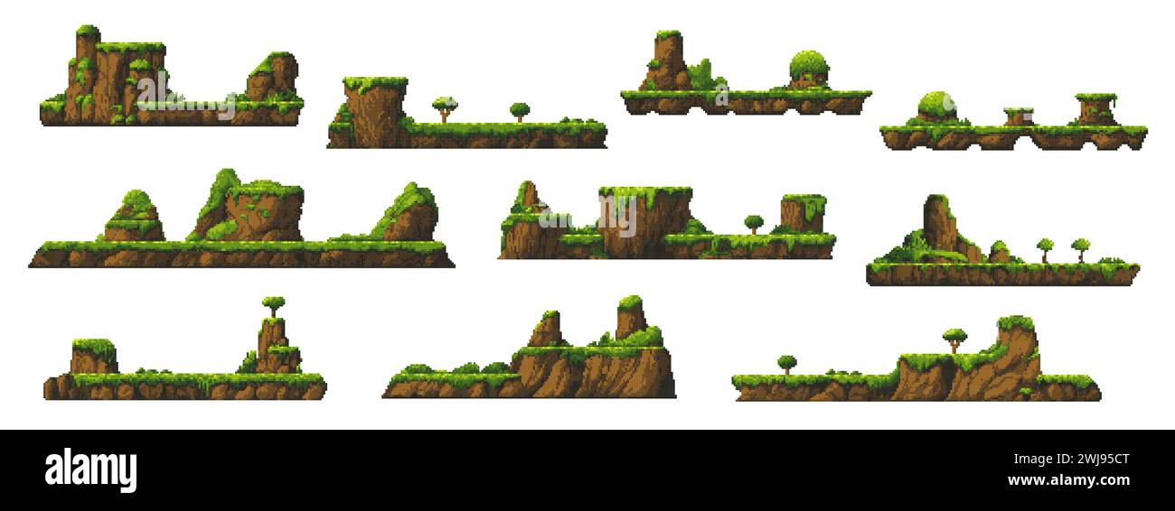 8bit arcade pixel art game, rain forest and mountain jungle platforms ...