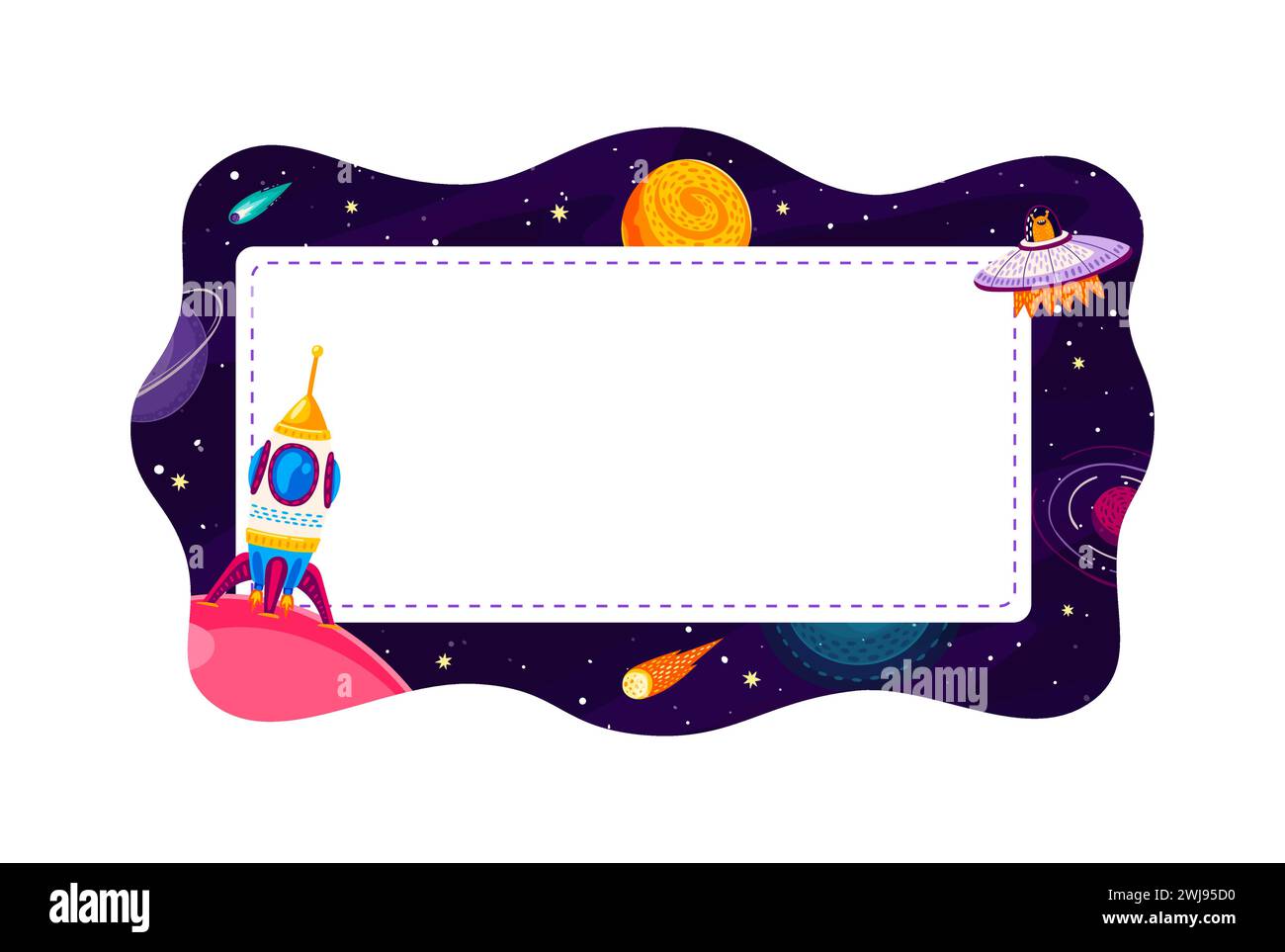 Cartoon galaxy space kid frame or border with ufo saucer, rocket ...