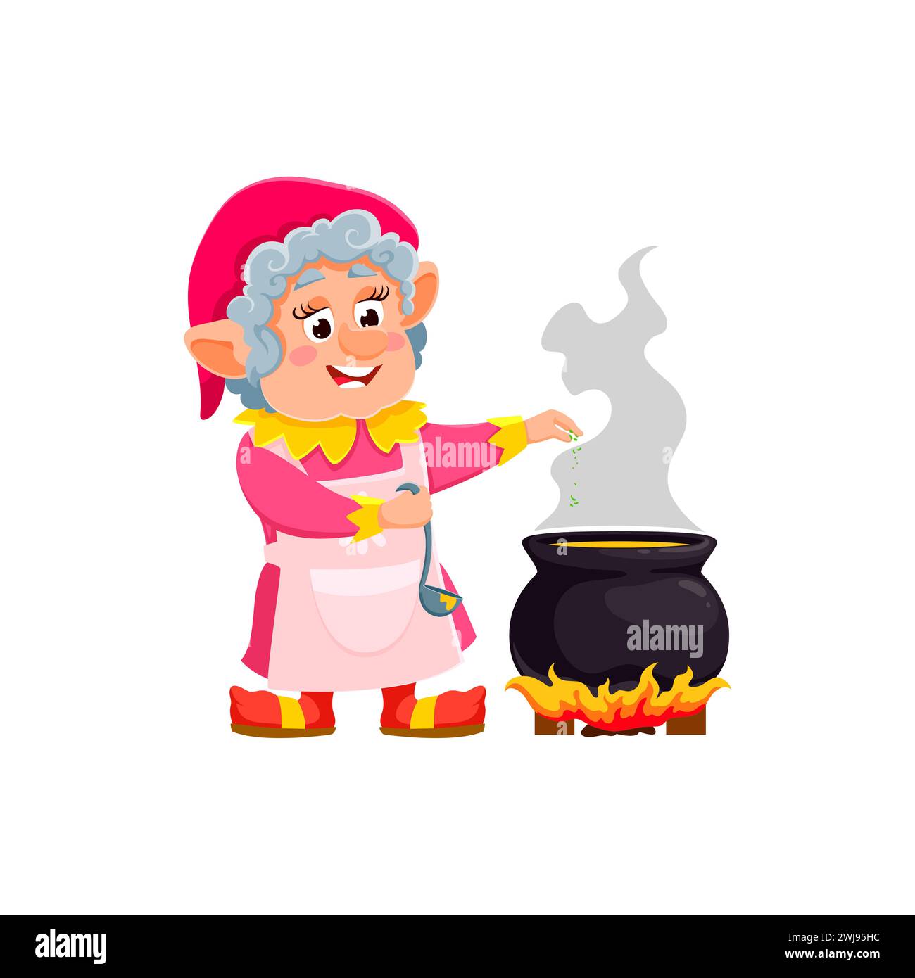 Cartoon gnome or dwarf female character cheerfully stirs a magical ...