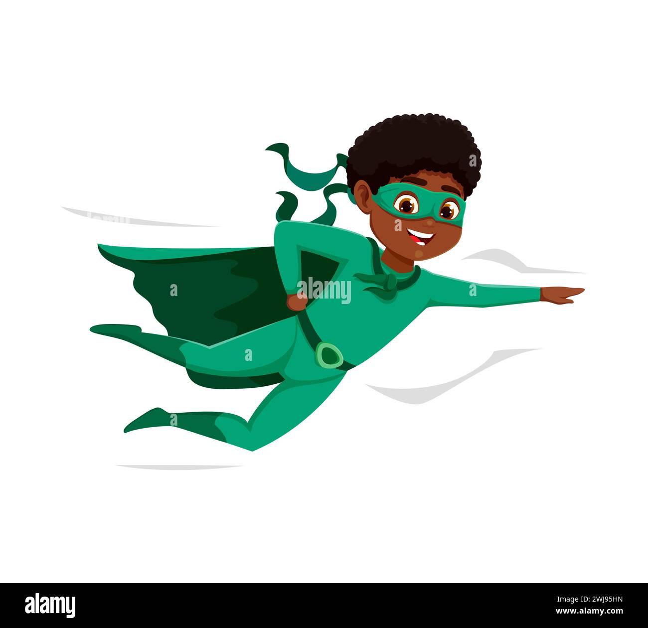 Cartoon kid superhero character. Isolated vector black, lively, flying ...