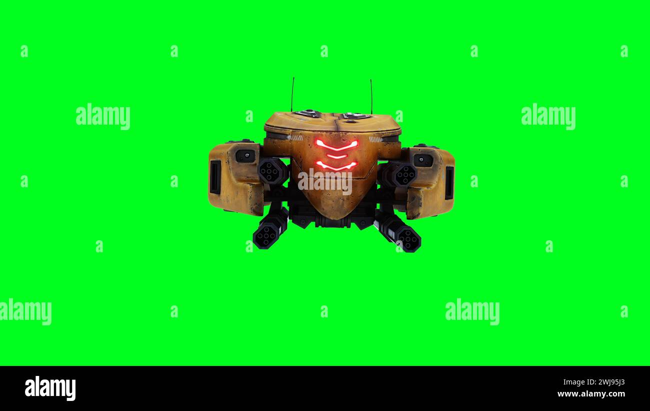 Flying military, war droid, bot with gun. Green screen. 3d rendering ...