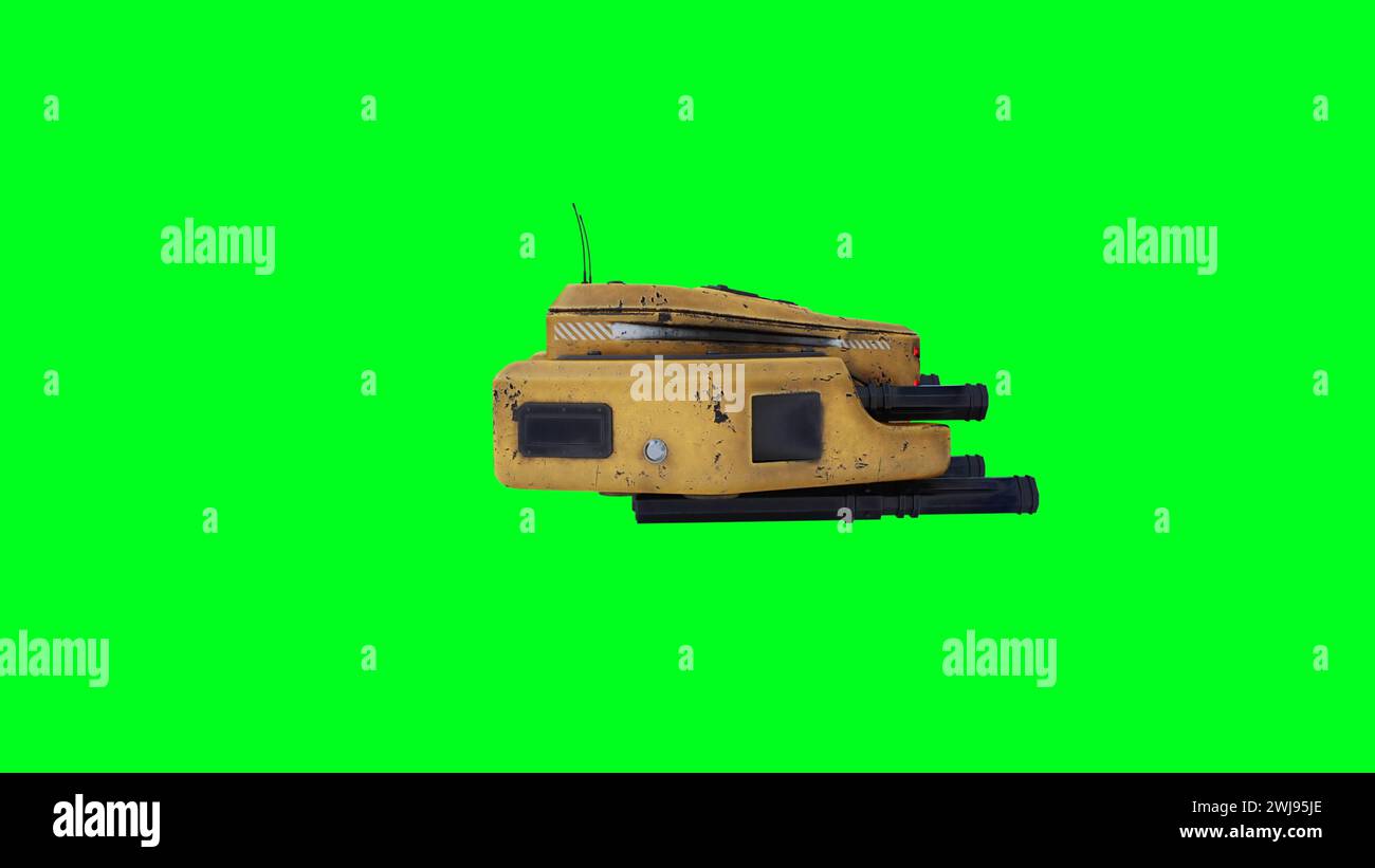 Flying military, war droid, bot with gun. Green screen. 3d rendering ...