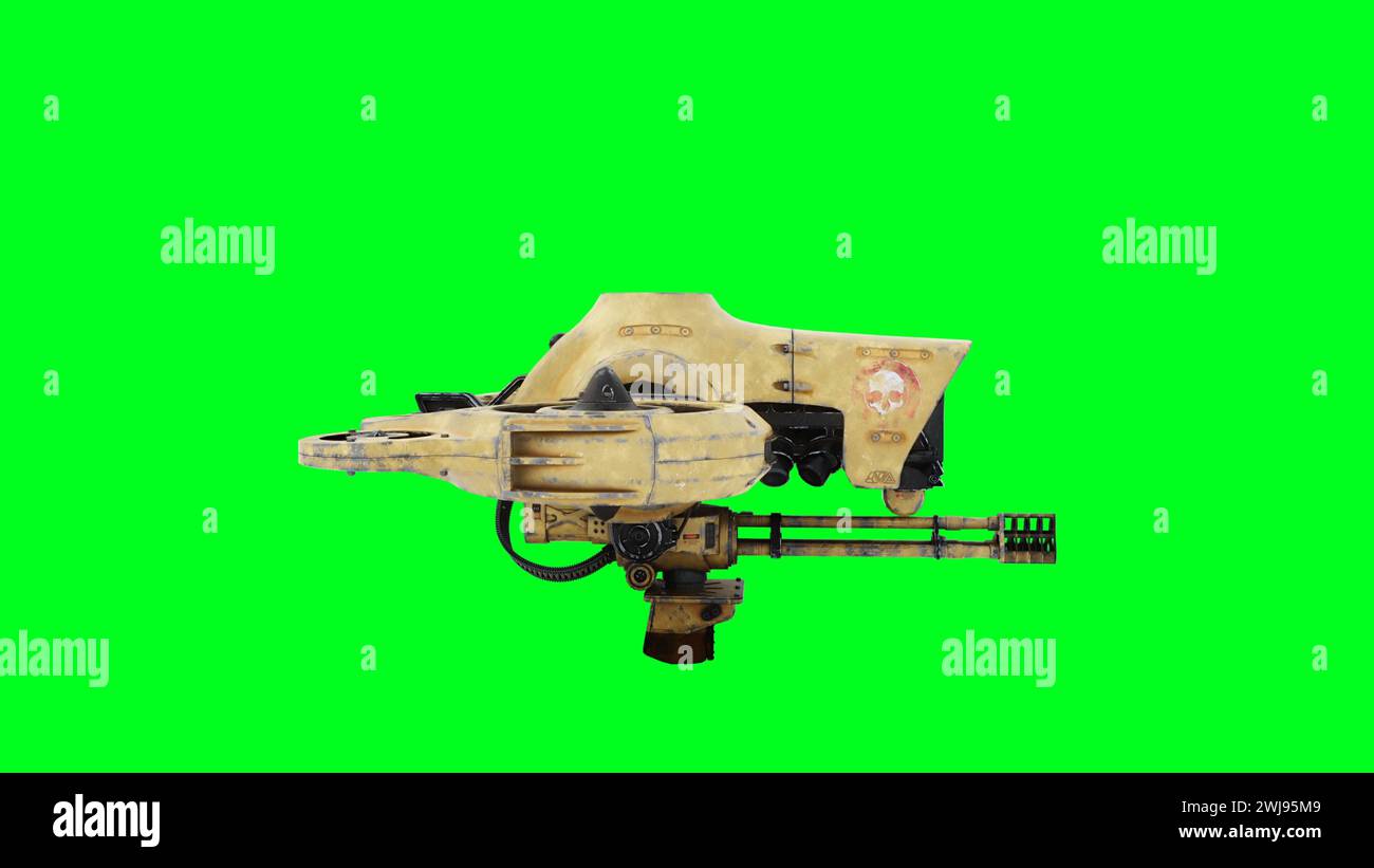 Flying military, war droid, bot with gun. Green screen. 3d rendering ...
