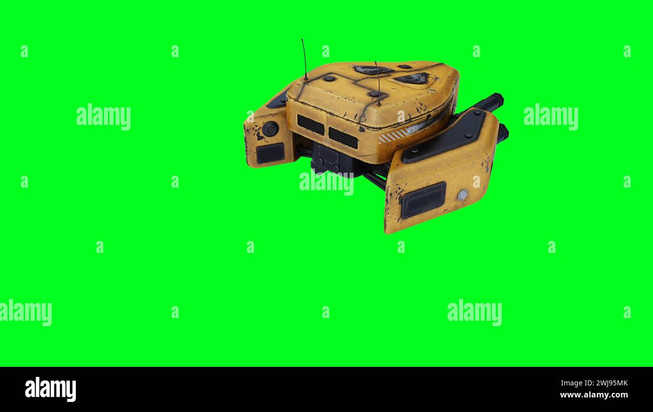 Flying military, war droid, bot with gun. Green screen. 3d rendering ...