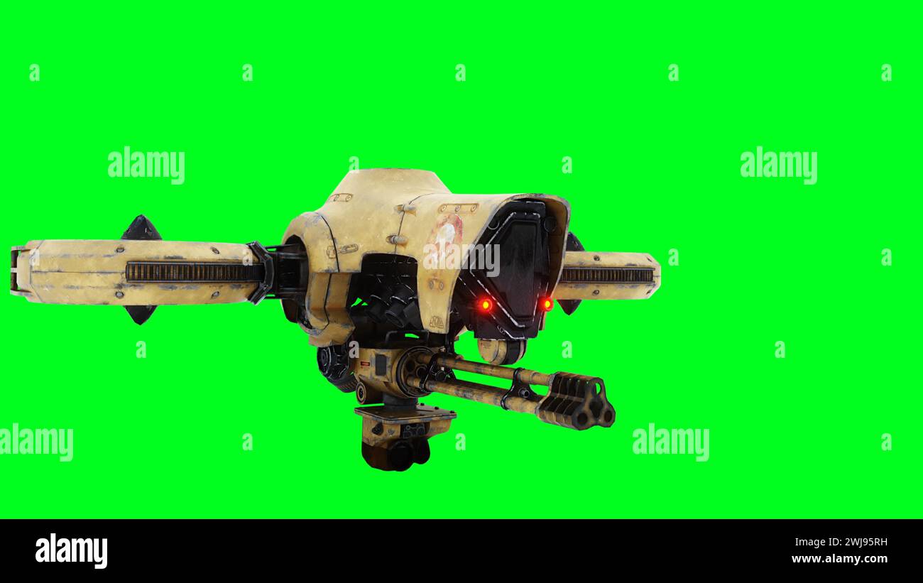 Flying military, war droid, bot with gun. Green screen. 3d rendering ...