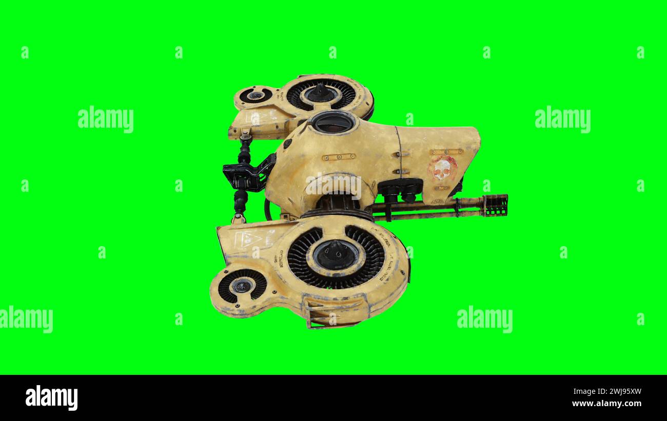 Flying military, war droid, bot with gun. Green screen. 3d rendering ...