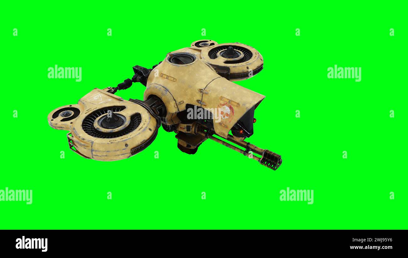 Flying military, war droid, bot with gun. Green screen. 3d rendering ...