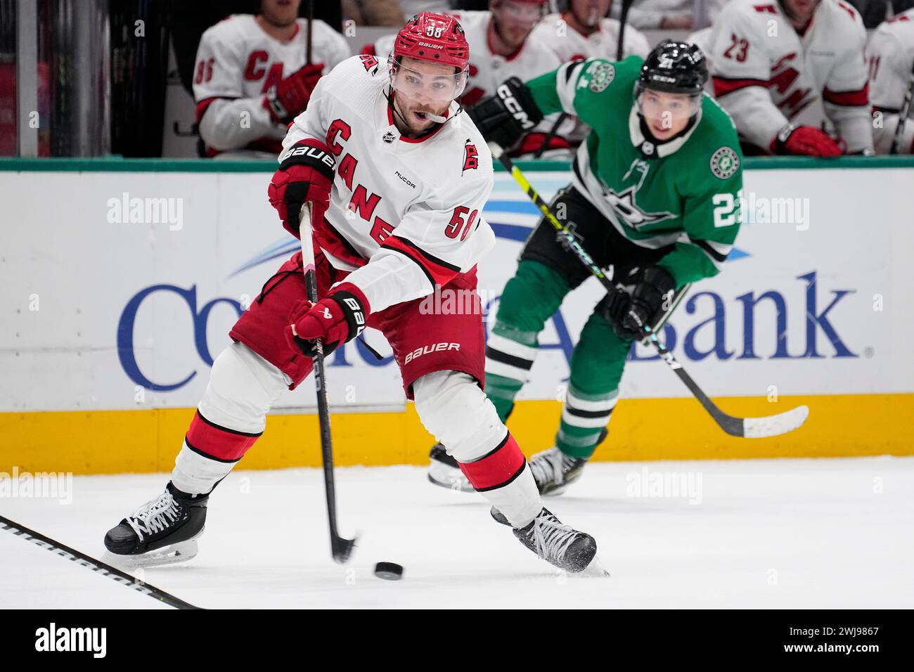 Carolina Hurricanes' Michael Bunting (58) takes a shot as Dallas Stars ...