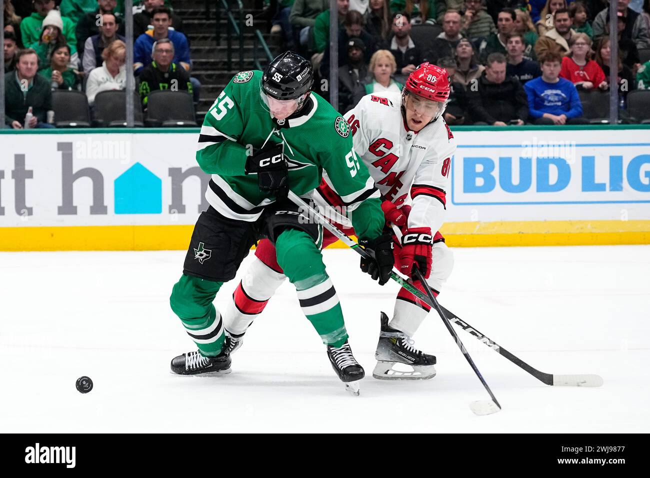 Dallas Stars defenseman Thomas Harley (55) and Carolina Hurricanes left ...