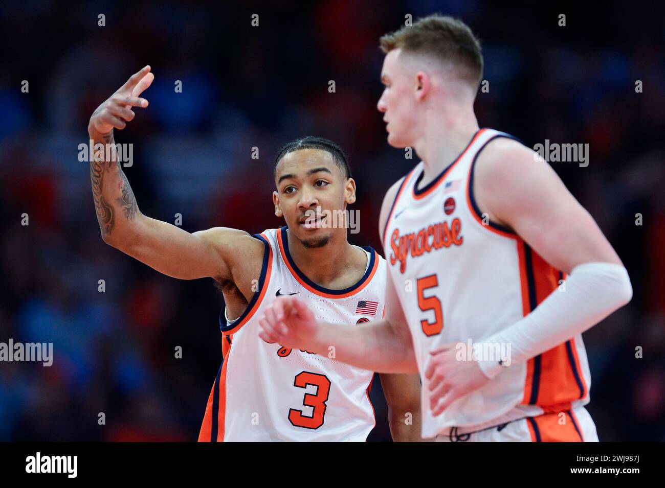 Syracuse guards Judah Mintz (3) and Justin Taylor reacts during the ...
