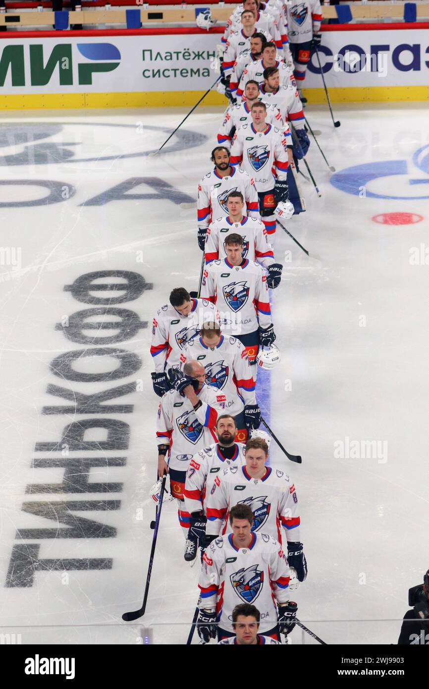 Saint Petersburg, Russia. 13th Feb, 2024. Lada Hockey Club players seen ...