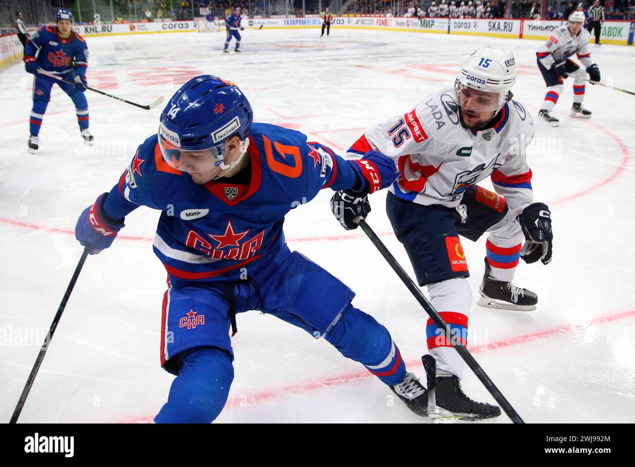 Saint Petersburg, Russia. 13th Feb, 2024. SKA Hockey Club player, Nikolai Polyakov (14) and Lada ...